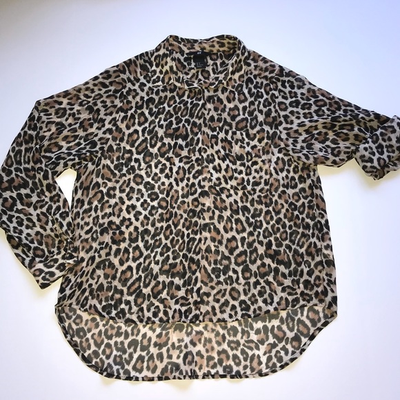 H&M | Tops | Hm High Low Leopard Print Blouse Roll Up Sleeves | Poshmark